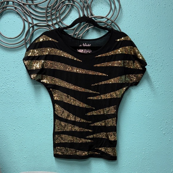 Poof! | Tops | Poof Black And Gold Sequin Short Sleeve Top | Poshmark